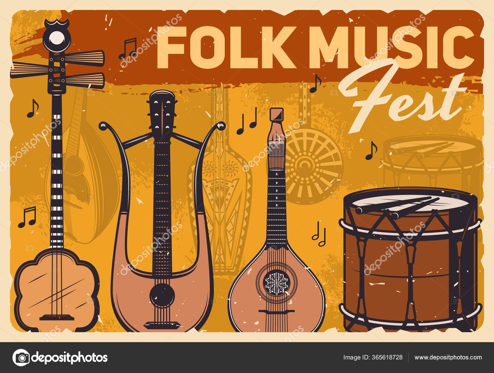 Folk Music Fest Vector Retro Vintage Poster Musical Instruments Live ...