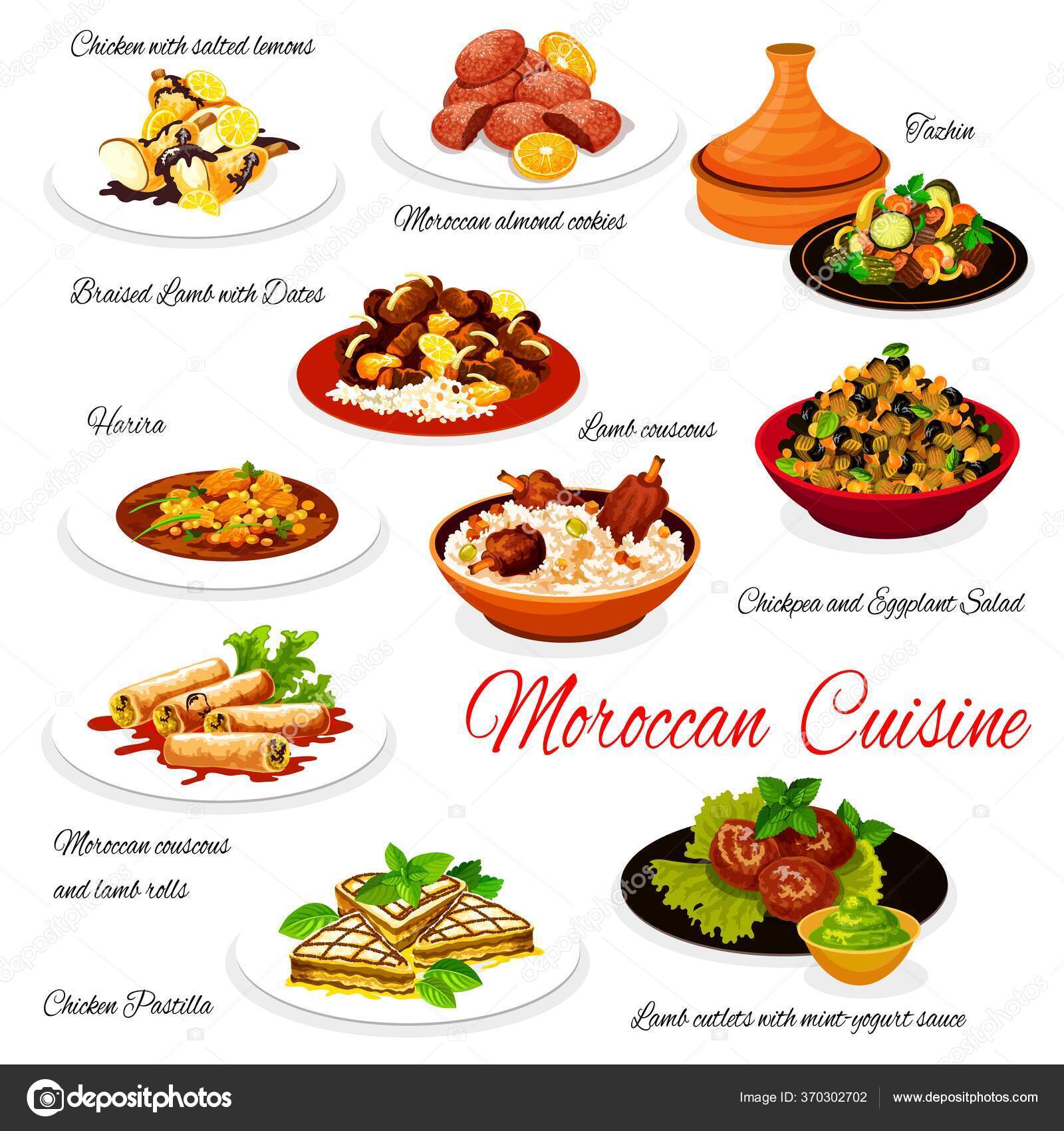 Moroccan Cuisine Dishes Morocco Authentic Restaurant Menu Vector Food ...