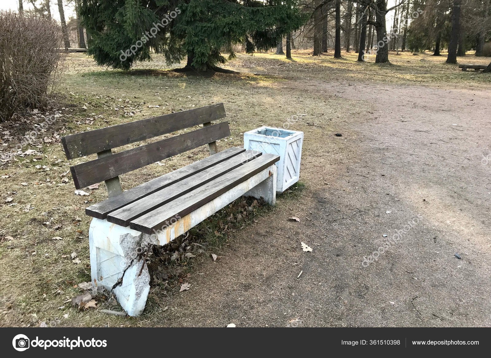 Close-up of old broken bench in park among trees on spring evening ...