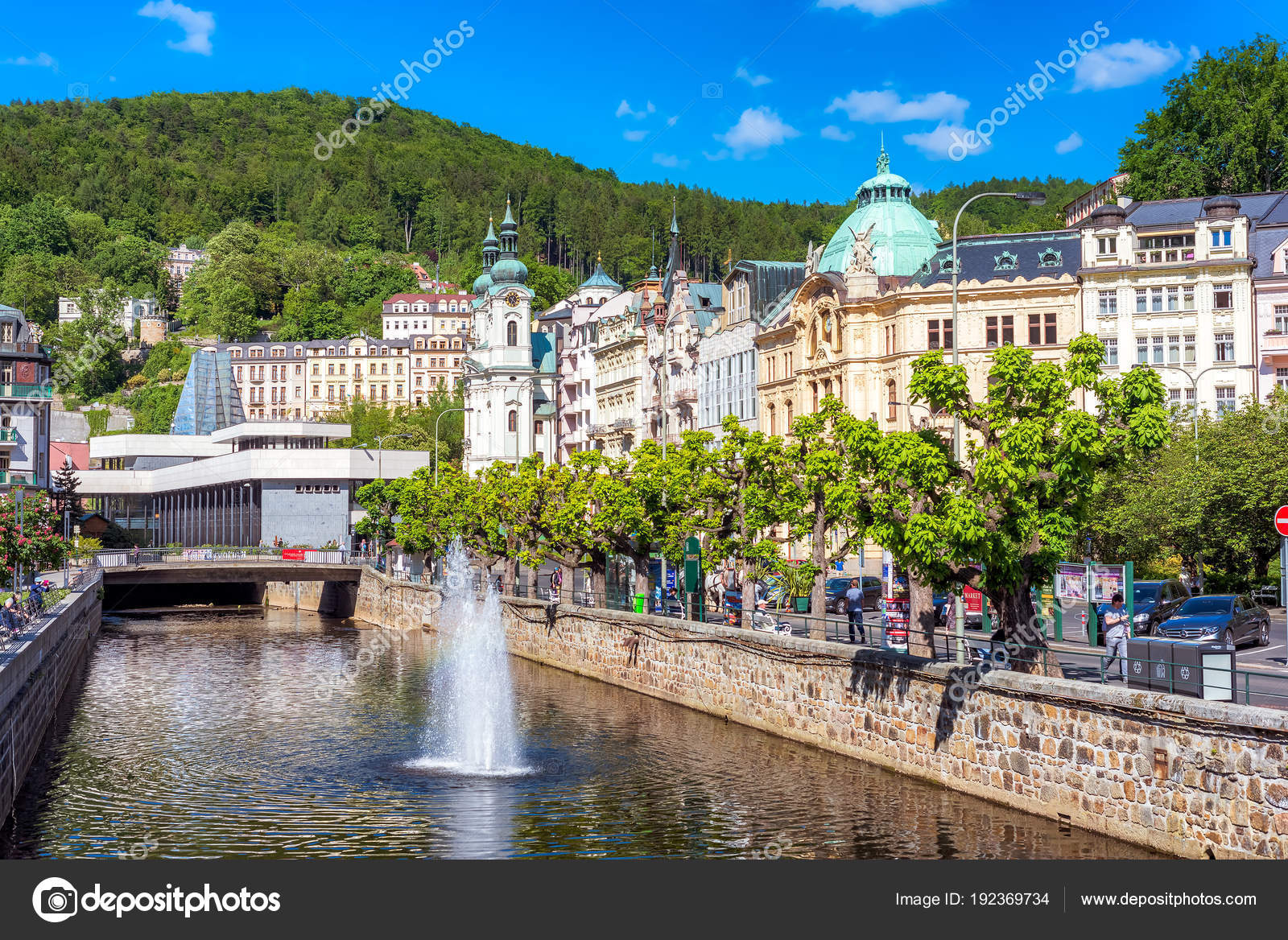 KARLOVY VARY, CZECH REPUBLIC - MAY 26, 2017: Historic city center with ...