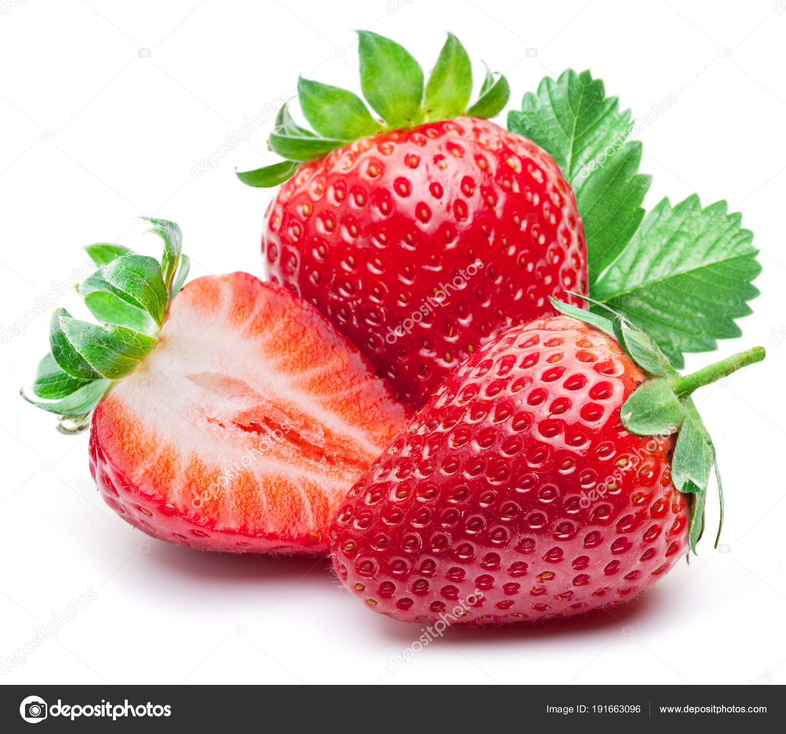 Three strawberries with strawberry leaf on white background. Stock ...