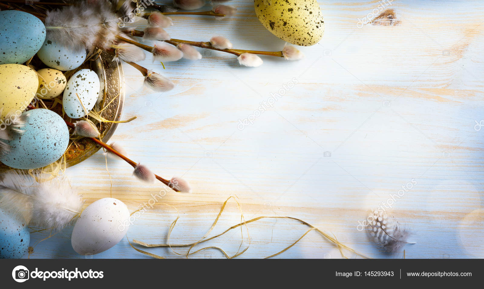 Easter background with Easter eggs and spring flowers. Top view Stock ...