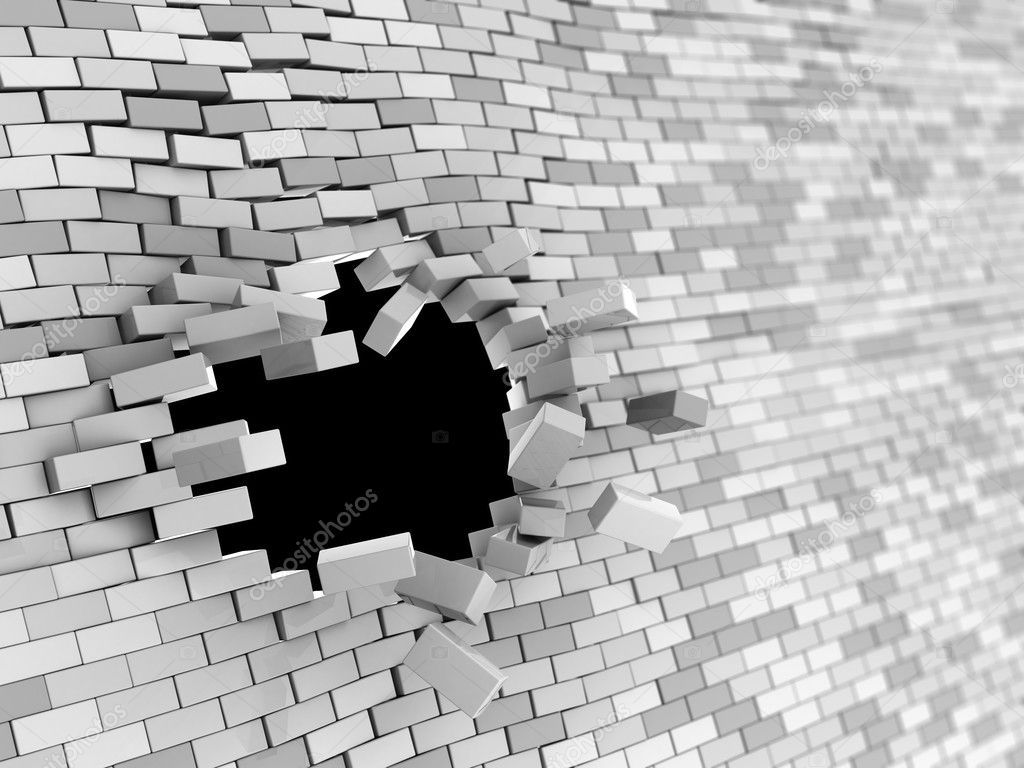 Crashed brick wall hole Stock Photo by ©mmaxer 128238646