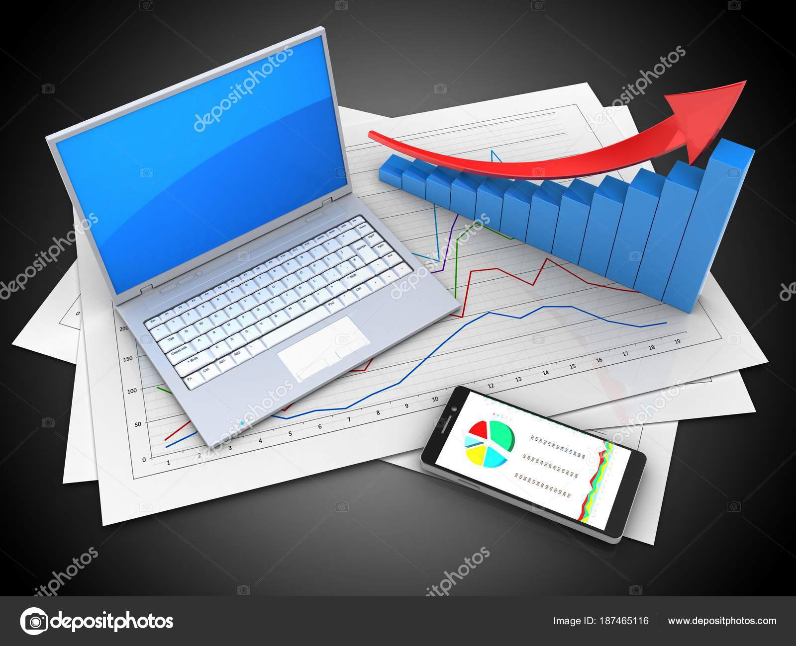 Illustration Diagram Papers Computer Black Background Arrow Graph ⬇ ...