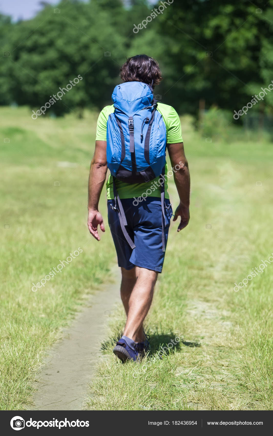 Back View Young Man Backpack Hiking Green Nature — Stock Photo ...
