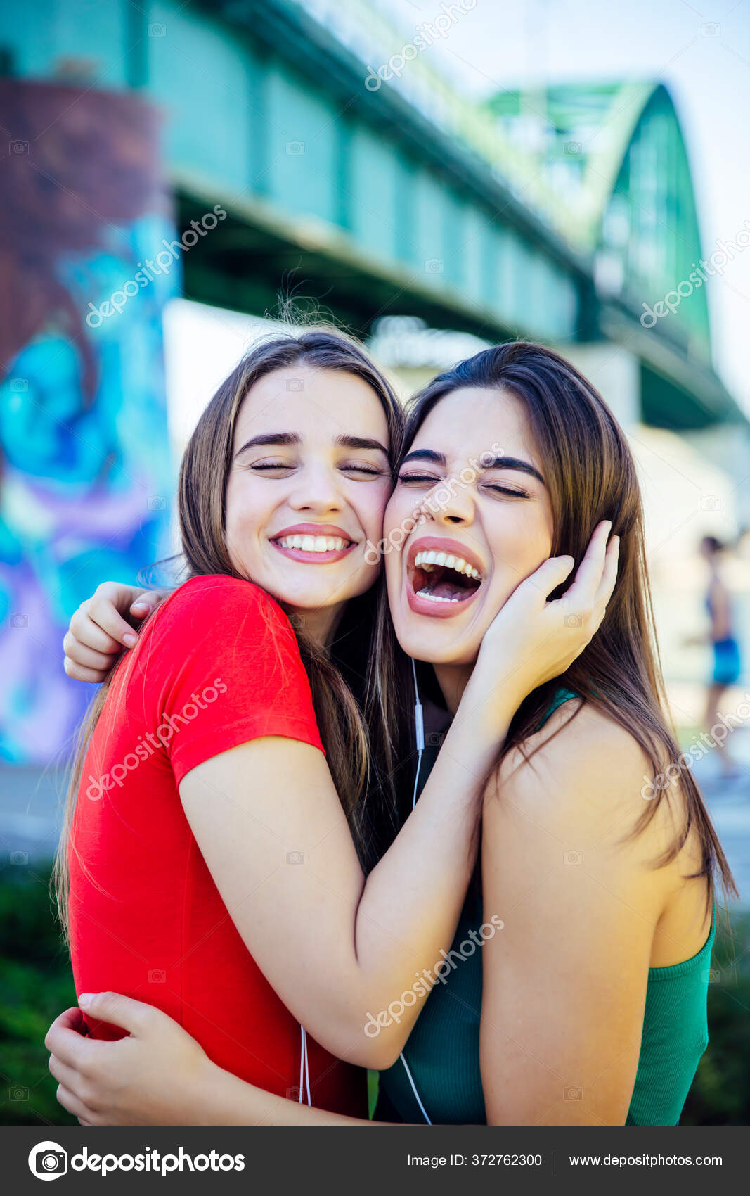 Two Best Female Friends Embracing Together Outdoors — Stock Photo ...