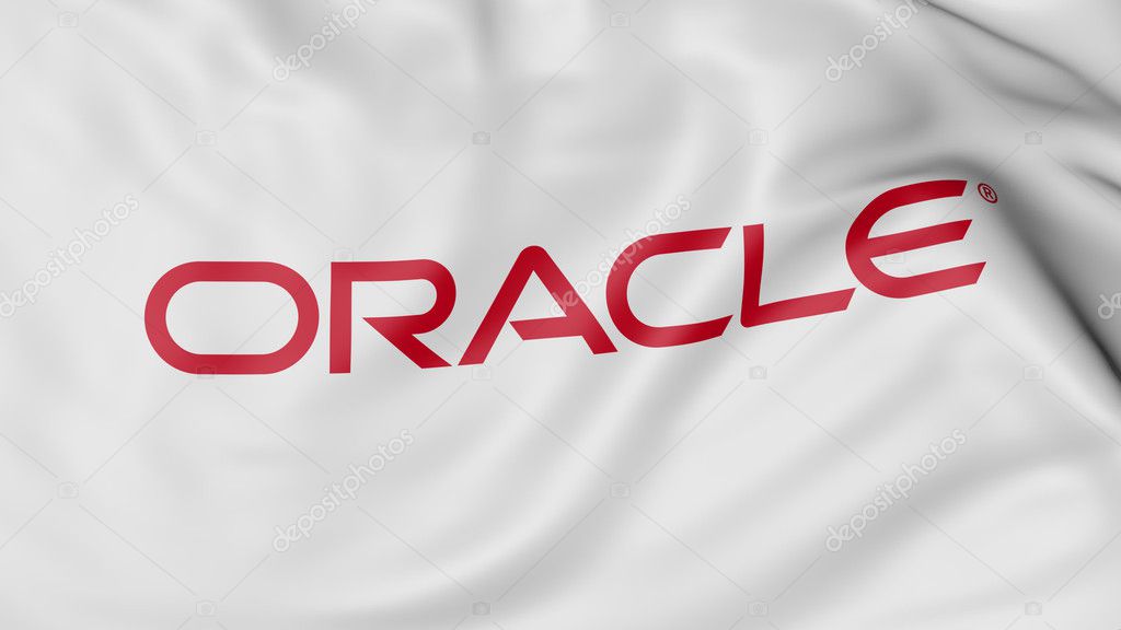 Primer plano de la bandera ondeante con el logotipo de Oracle ...