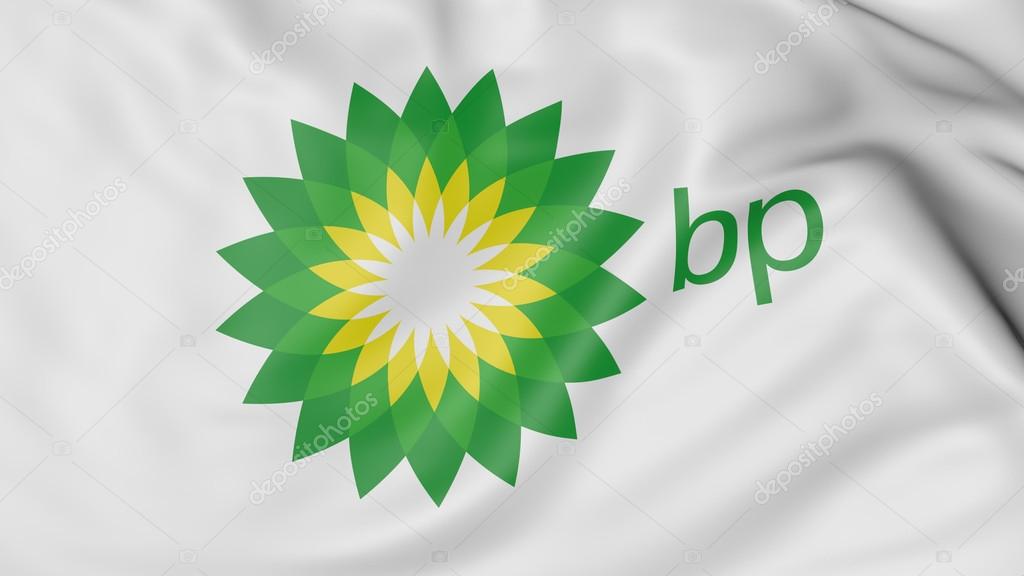Primer plano de la bandera ondeante con el logotipo de BP, renderizado ...