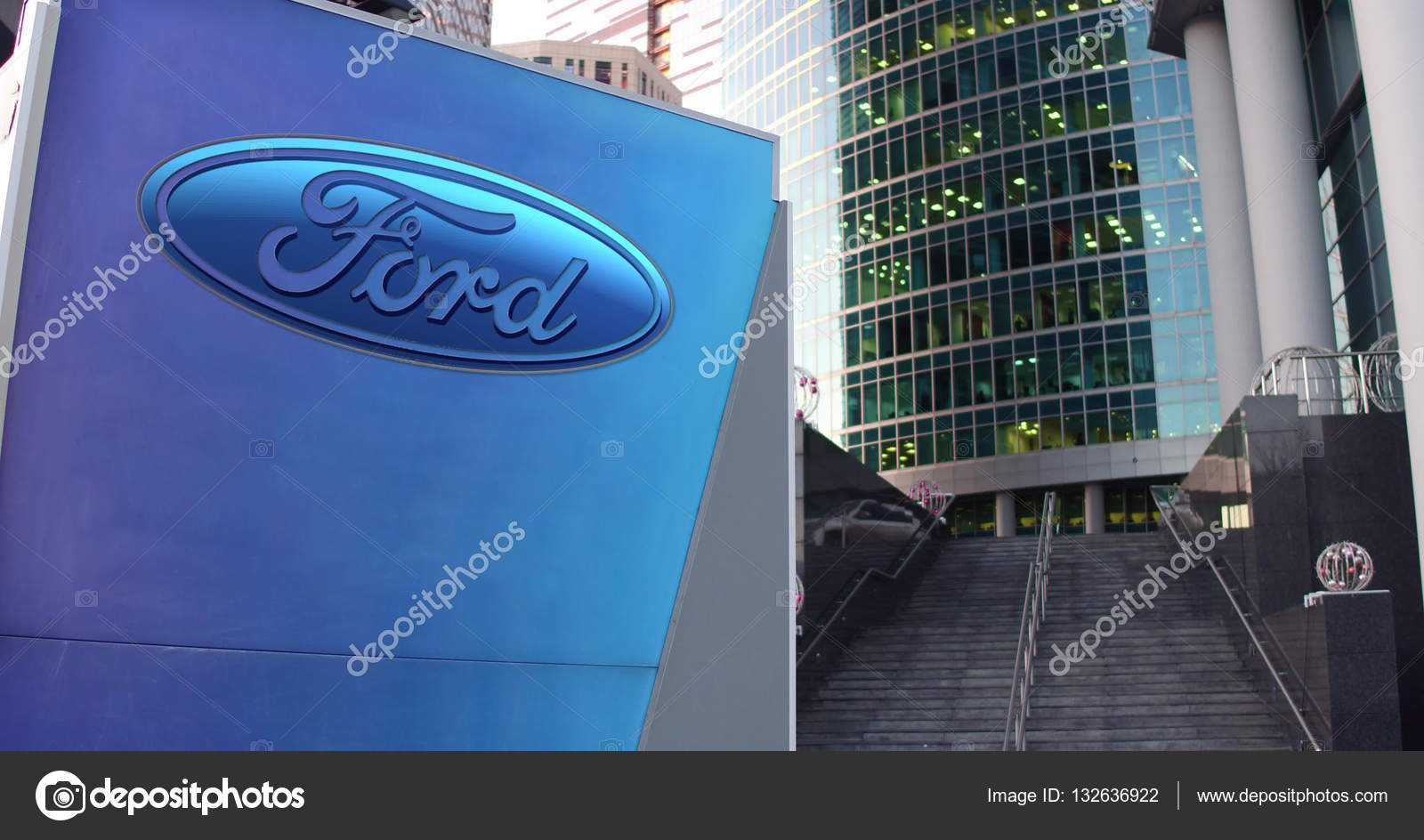 Street signage board with Ford Motor Company logo. Modern office center ...