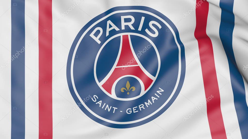 Primer plano de la bandera ondeante con el Paris Saint-Germain F.C ...
