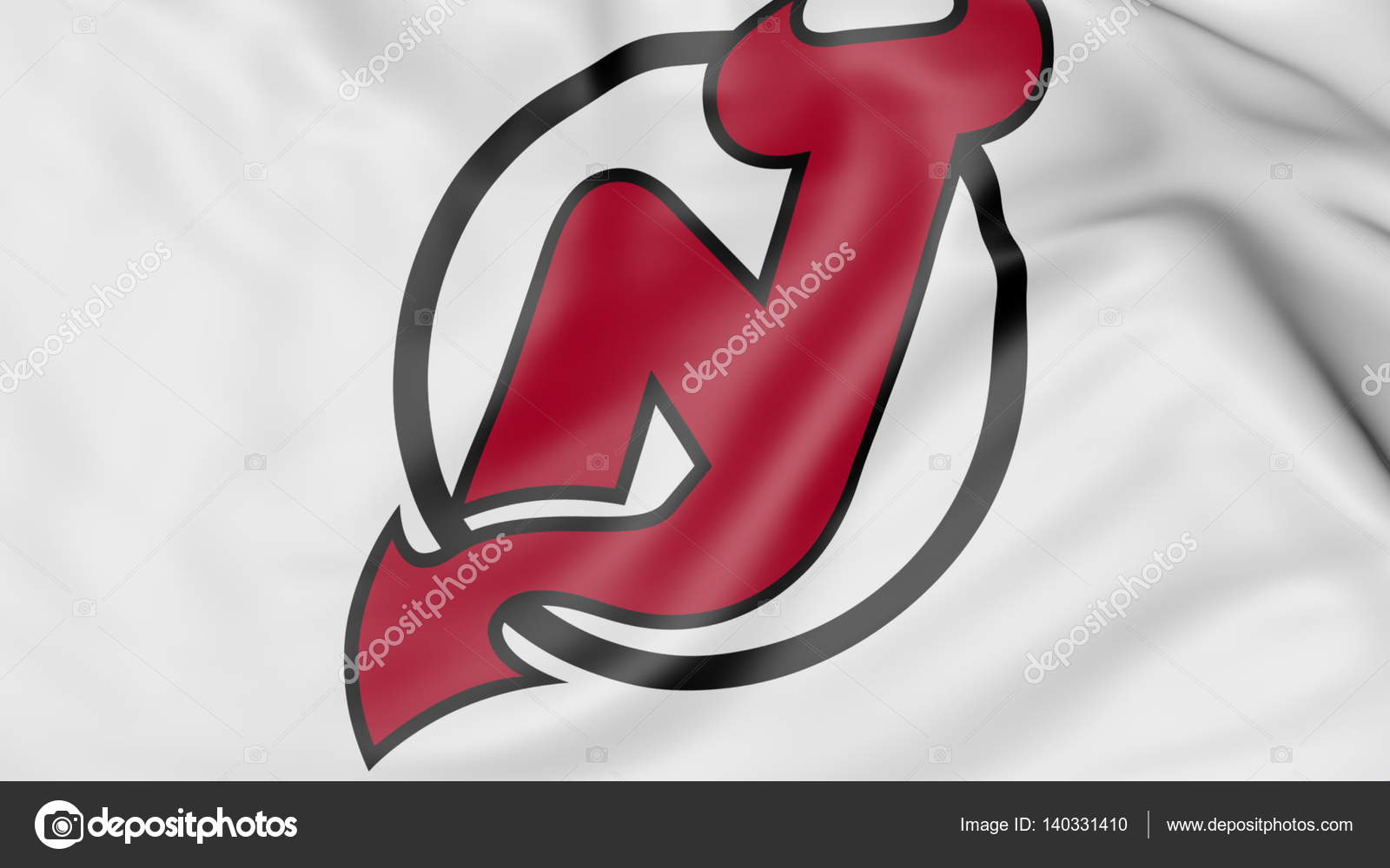 Close-up of waving flag with New Jersey Devils NHL hockey team logo, 3D ...