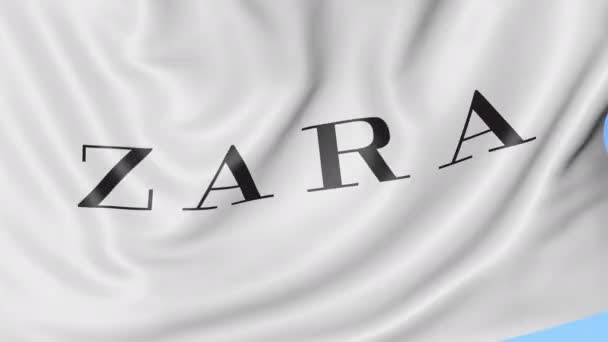 Close-up of waving flag with Zara logo, seamless loop, blue background ...
