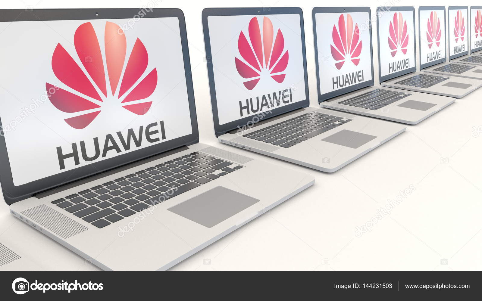 Modern laptops with Huawei logo. Computer technology conceptual ...