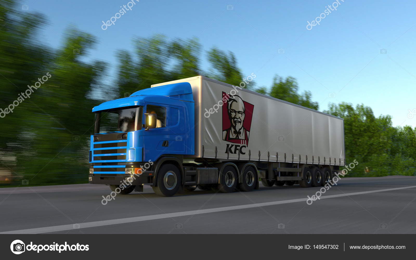 Freight semi truck with Kentucky Fried Chicken KFC logo driving along ...