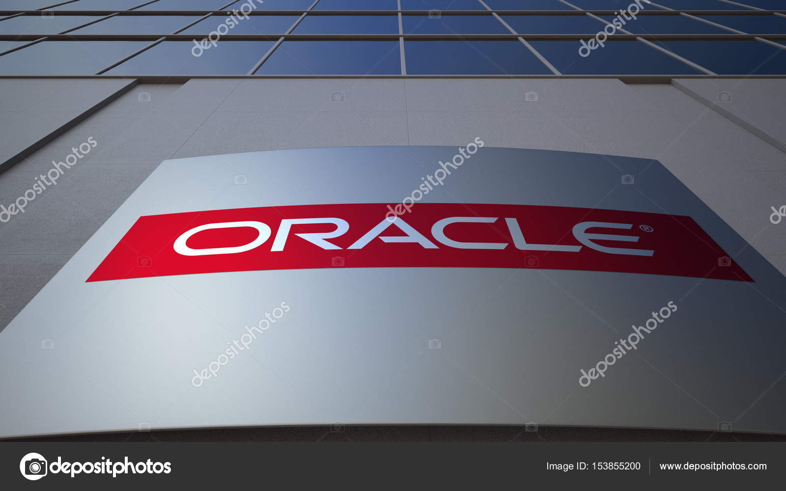 Outdoor signage board with Oracle Corporation logo. Modern office ...