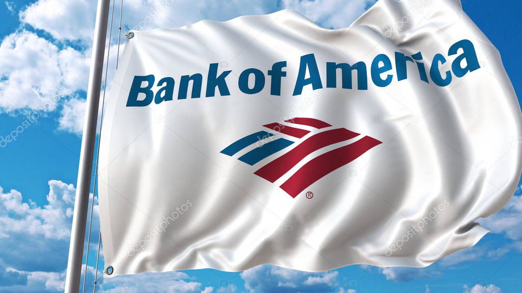 Bandera ondeando con el logotipo de Bank Of America contra el cielo y ...