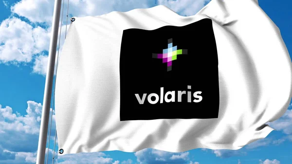 Bandera ondeante con logo Volaris. Renderizado 3D 2023