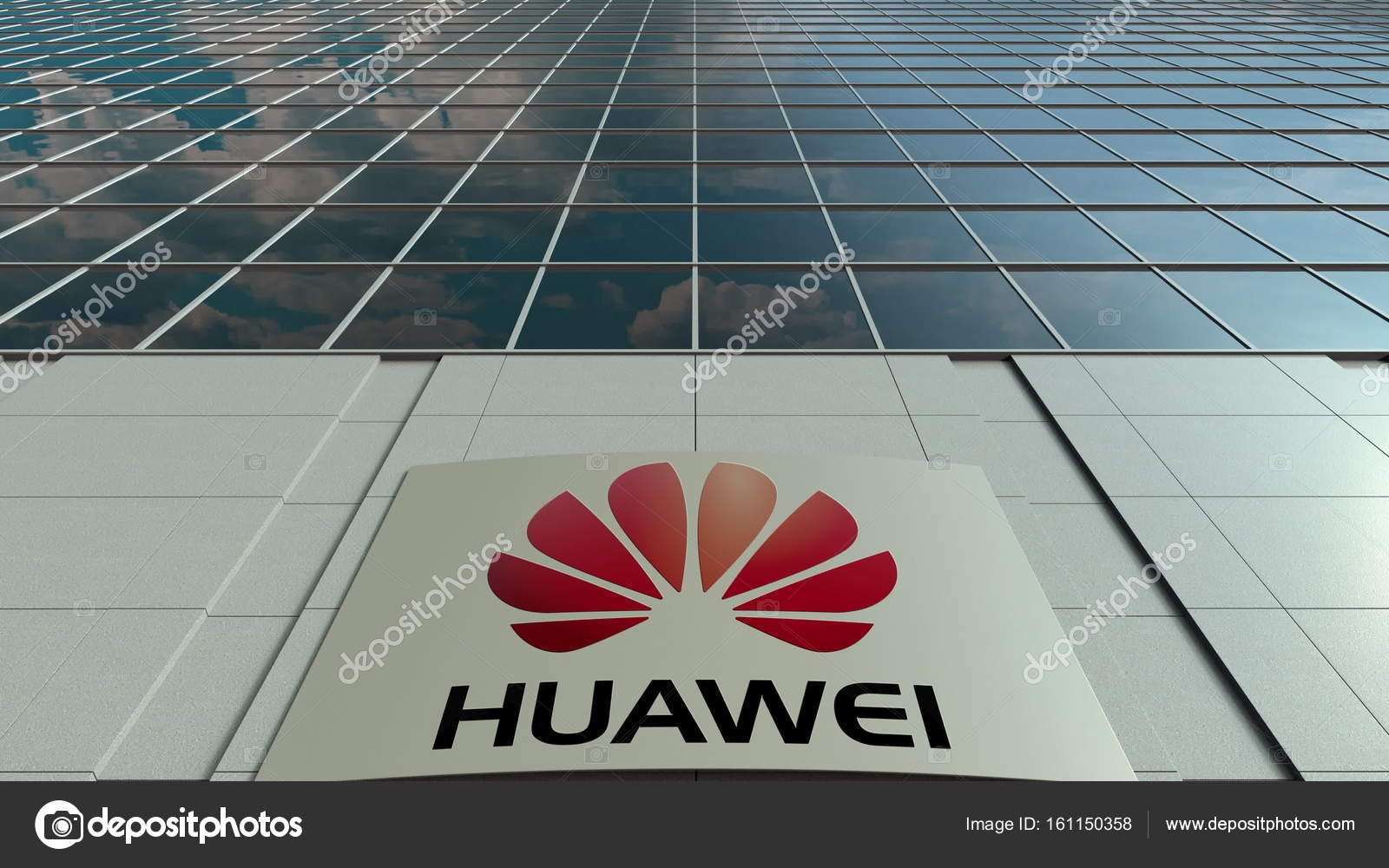 Signage board with Huawei logo. Modern office building facade ...