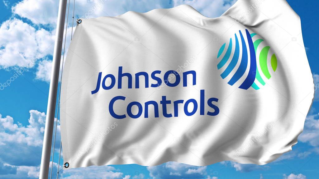 Bandera ondeando con el logotipo de Johnson Controls. Representación ...