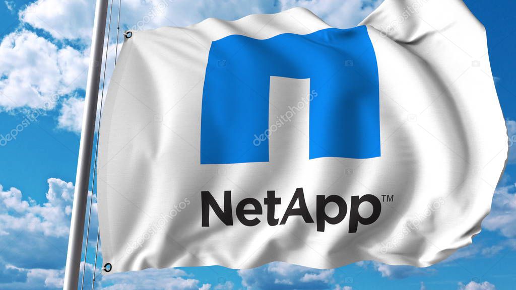 Bandera ondeante con logotipo de NetApp. Representación editorial 3D 2022