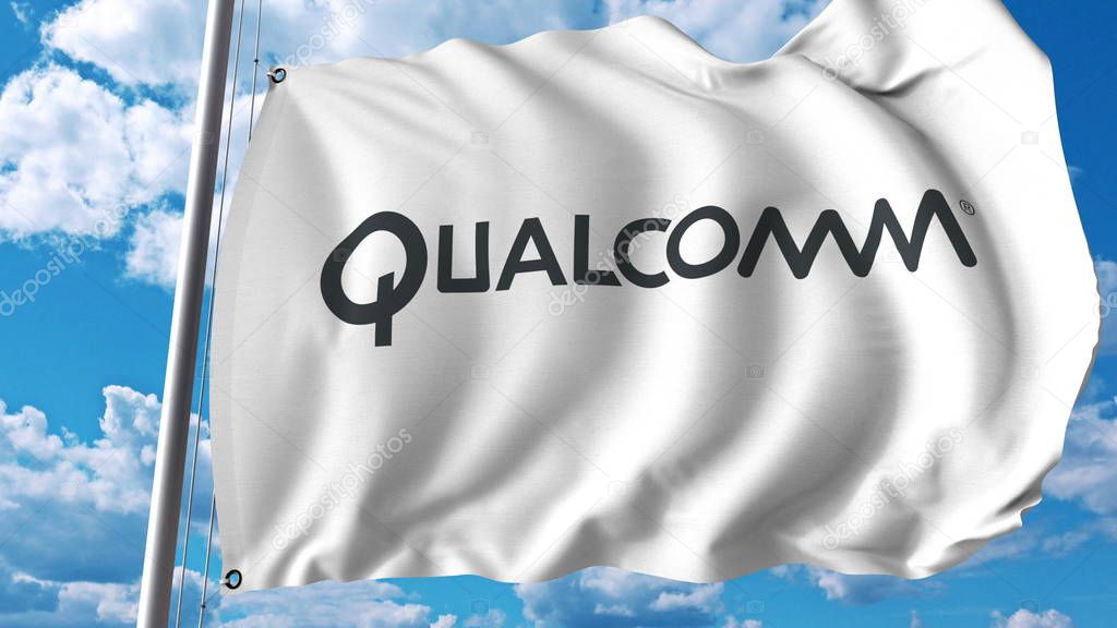 Bandera ondeante con logo Qualcomm. Representación editorial 3D 2023
