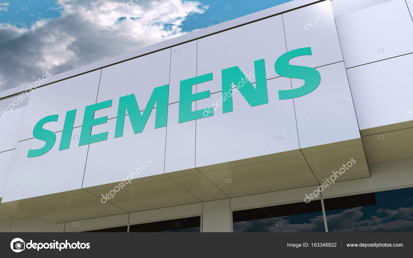 Logo de Siemens en la moderna fachada del edificio. Representación Editorial 3D — Foto editorial ...