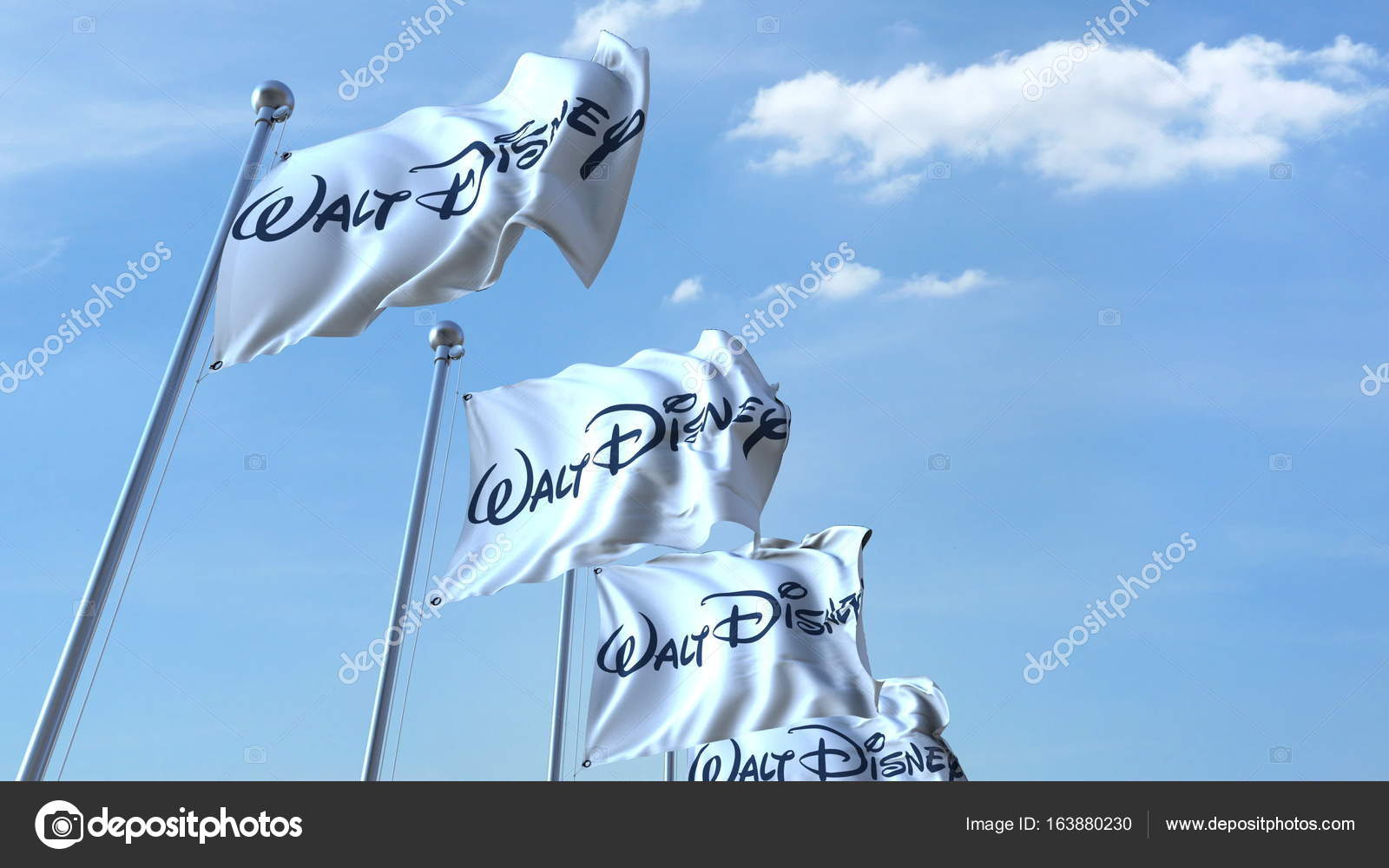 Waving flags with Walt Disney logo against sky, editorial 3D rendering ...