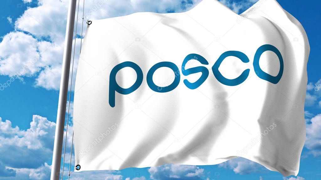 Bandera ondeando con el logotipo de Pohang Iron and Steel Company POSCO contra nubes y cielo ...