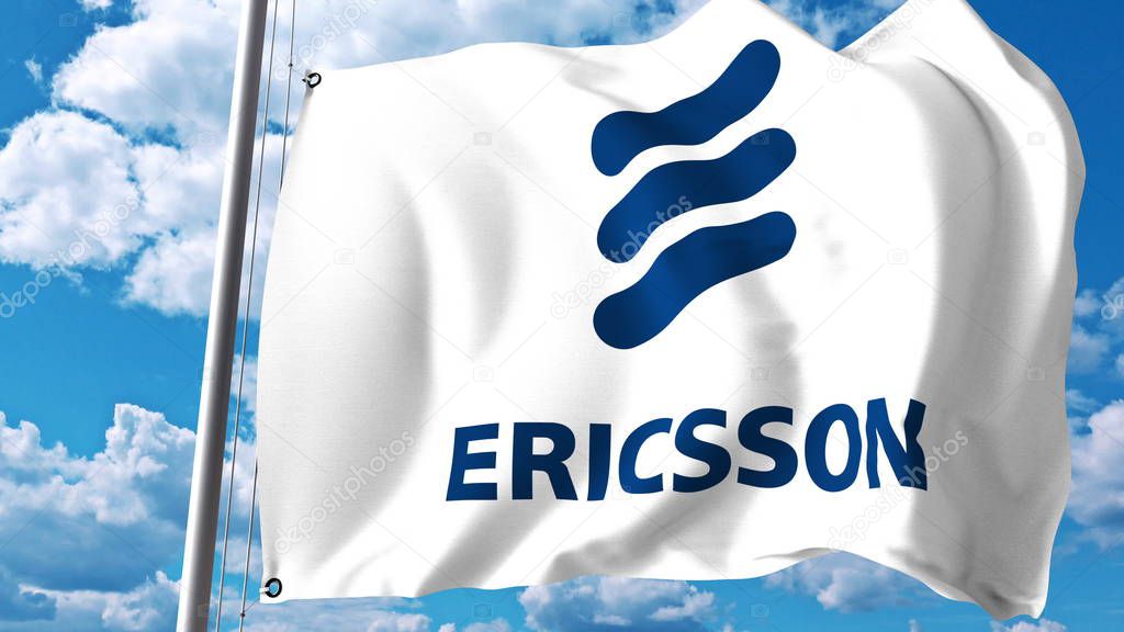 Bandera ondeando con el logotipo de Ericsson contra nubes y cielo. Representación Editorial 3D 2023