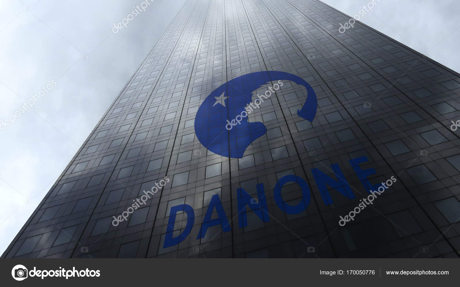 Danone logo on a skyscraper facade reflecting clouds. Editorial 3D ...