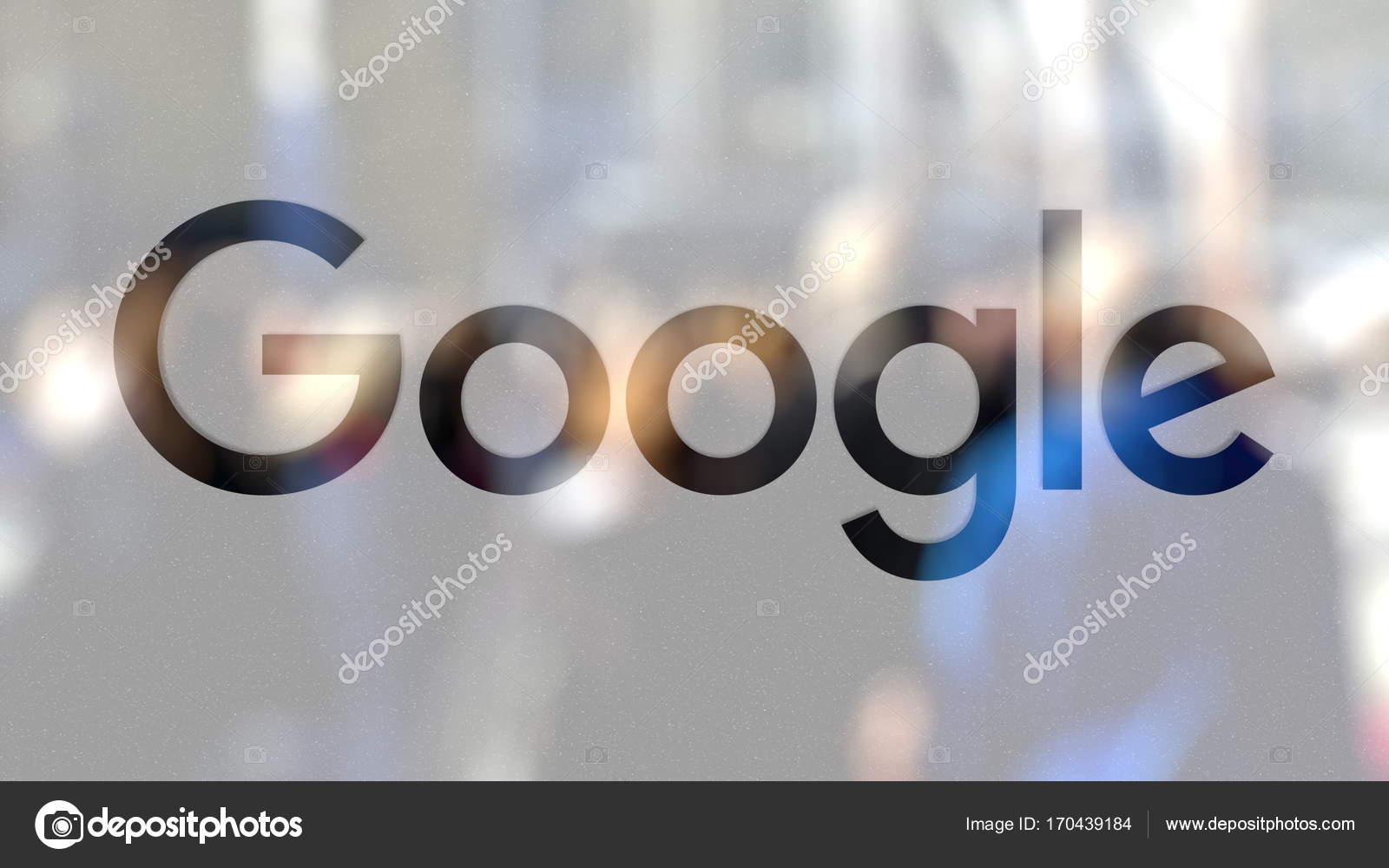 Google logo on a glass against blurred crowd on the steet. Editorial 3D ...