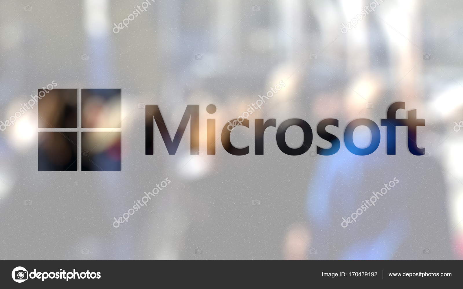 Microsoft logo on a glass against blurred crowd on the steet. Editorial ...
