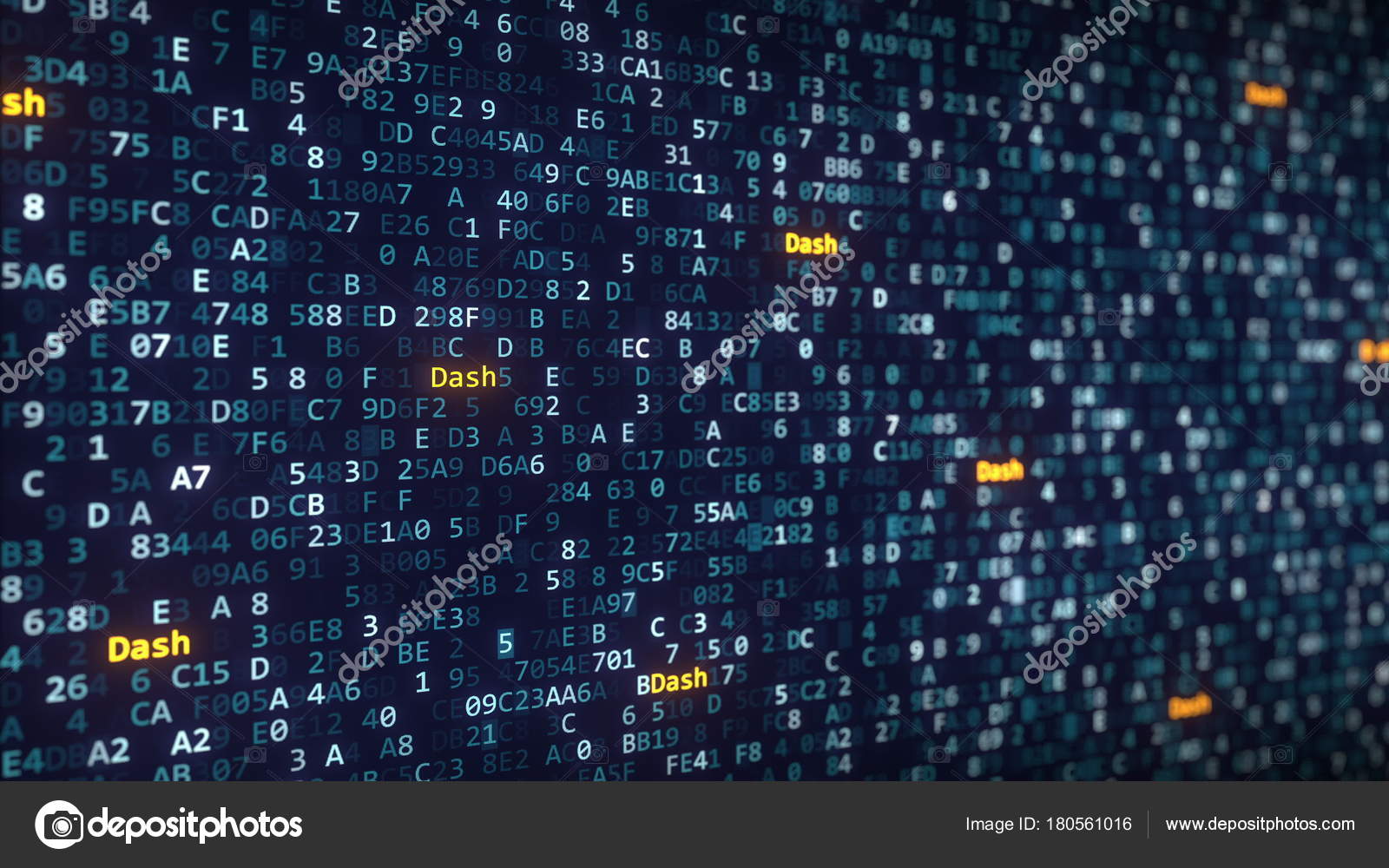 Dash captions appearing among changing hexadecimal symbols on a ...