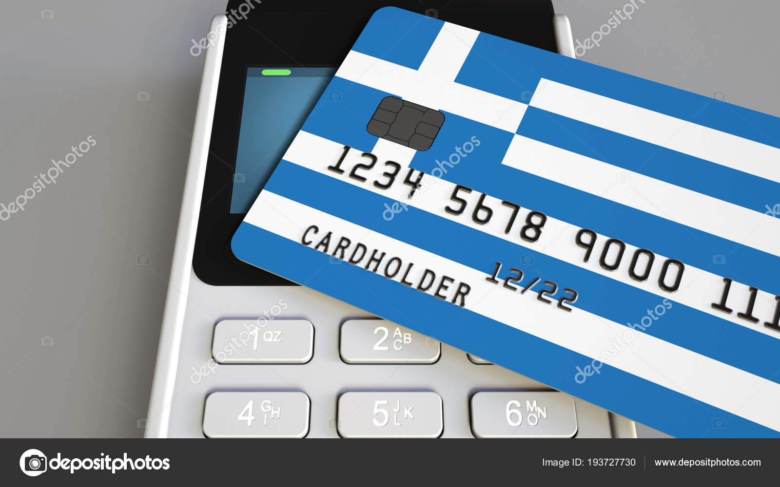 Payment or POS terminal with credit card featuring flag of Greece ...