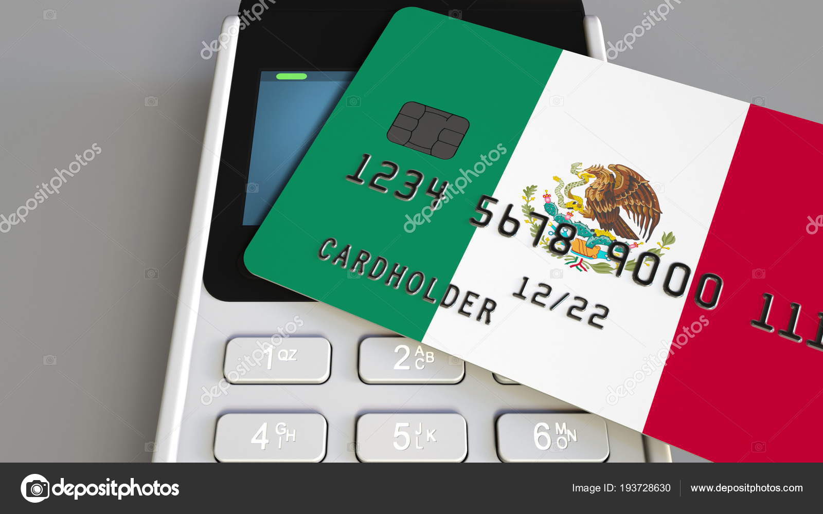 Payment or POS terminal with credit card featuring flag of Mexico ...