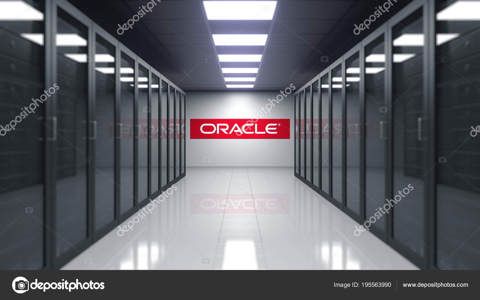 Oracle Corporation logo on the wall of the server room. Editorial 3D ...