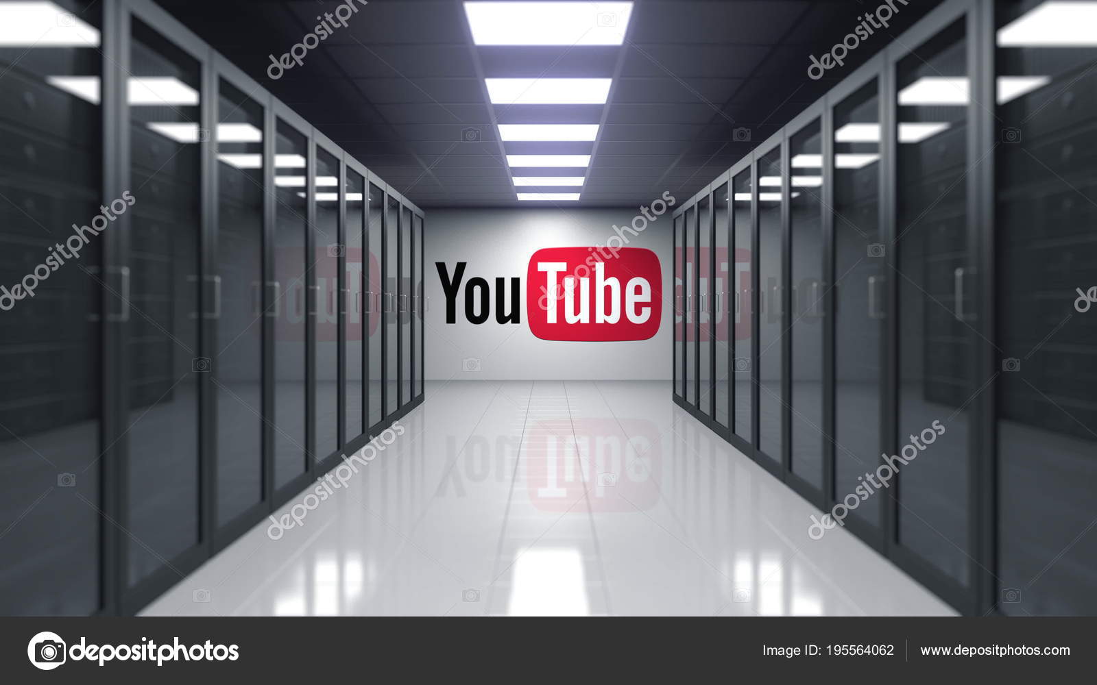 YouTube logo on the wall of the server room. Editorial 3D rendering ...