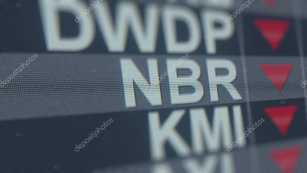 INDUSTRIAS DE NABORS Etiqueta de stock de NBR con flecha decreciente, conceptual Representación ...