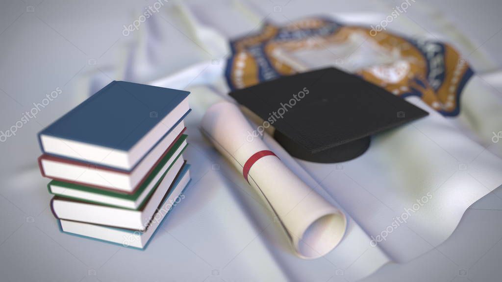 Tapa de graduación y diploma en la bandera con emblema de la ...
