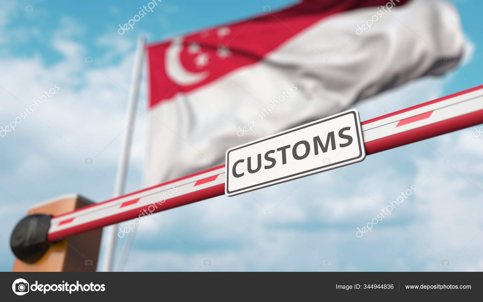 Barrier gate with CUSTOMS sign being closed with flag of Singapore as a ...
