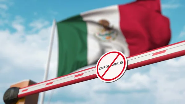 Cerrando barrera de auge con STOP CORONAVIRUS firme contra la bandera ...