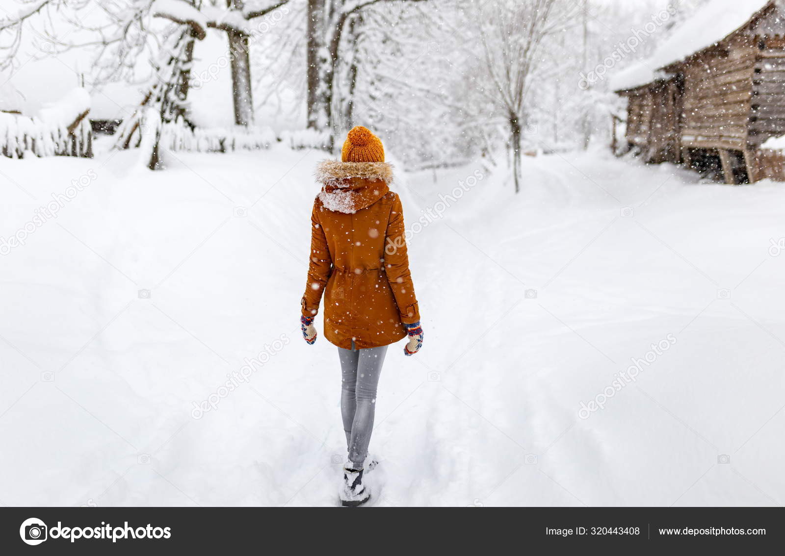 Girl walk backs winter, white village snow cold outside countryside ... Girl walk backs winter, white village snow cold outside countryside ...