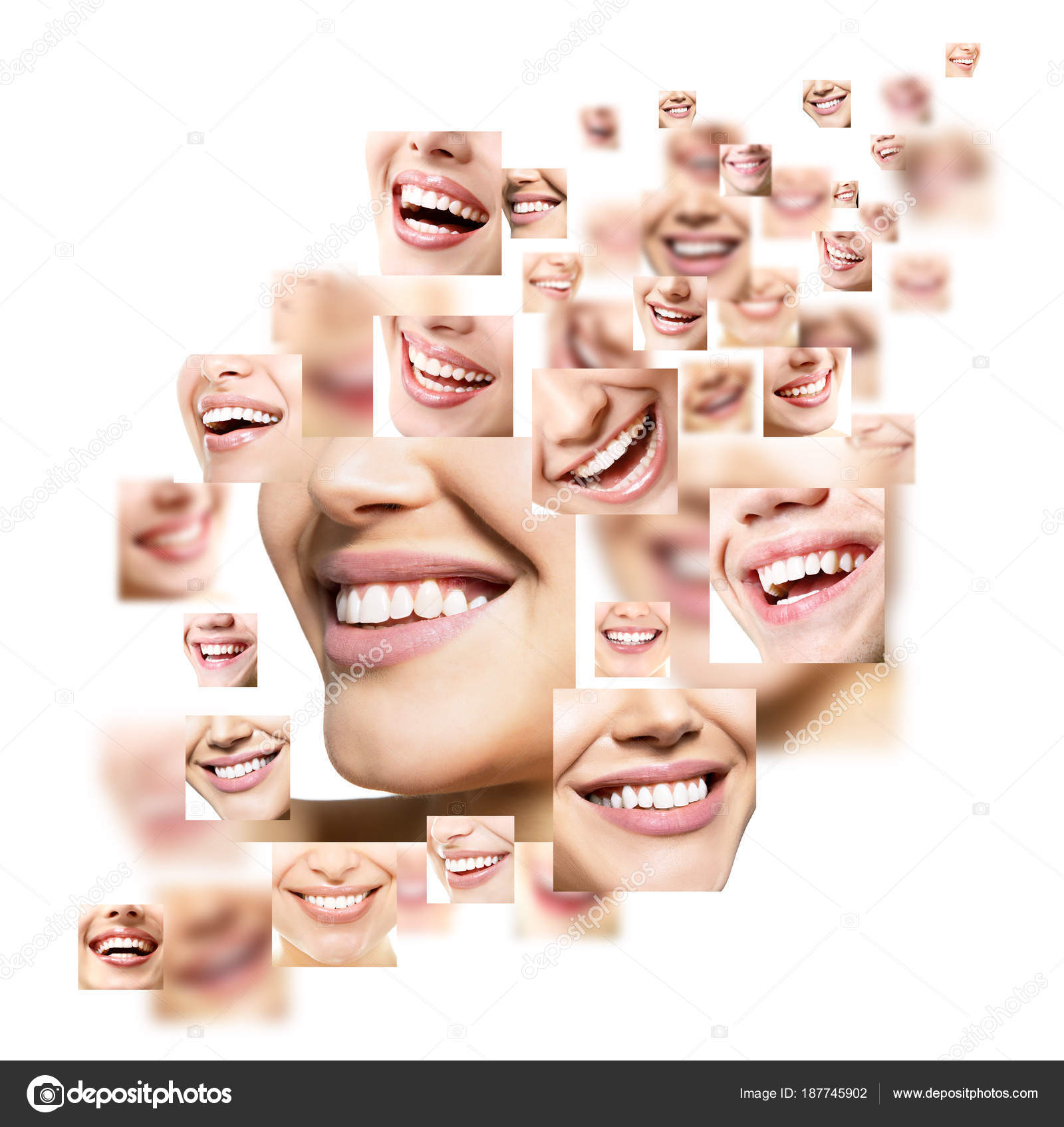 Smiles set. Perfect wide smiles of young fresh women and men wit Stock ...