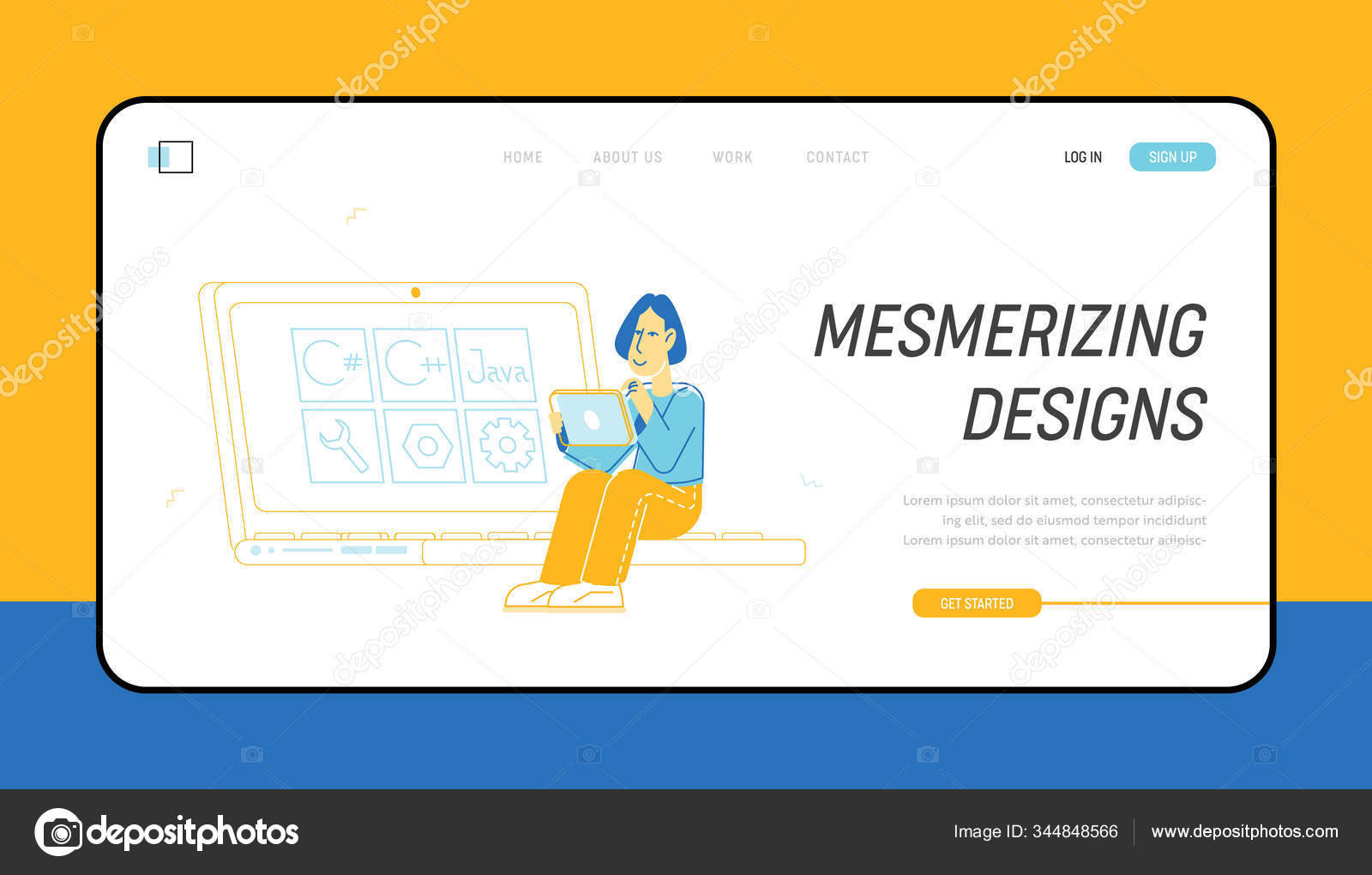 Front End Developing Website Landing Page. Woman Programmer Work on Computer at Online Project ...