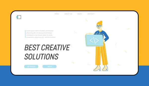 Front End Developing Website Landing Page. Woman Programmer Work on Computer at Online Project ...