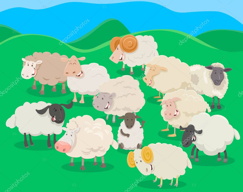 Flock of sheep cartoon illustration — Stock Vector © izakowski #156217142