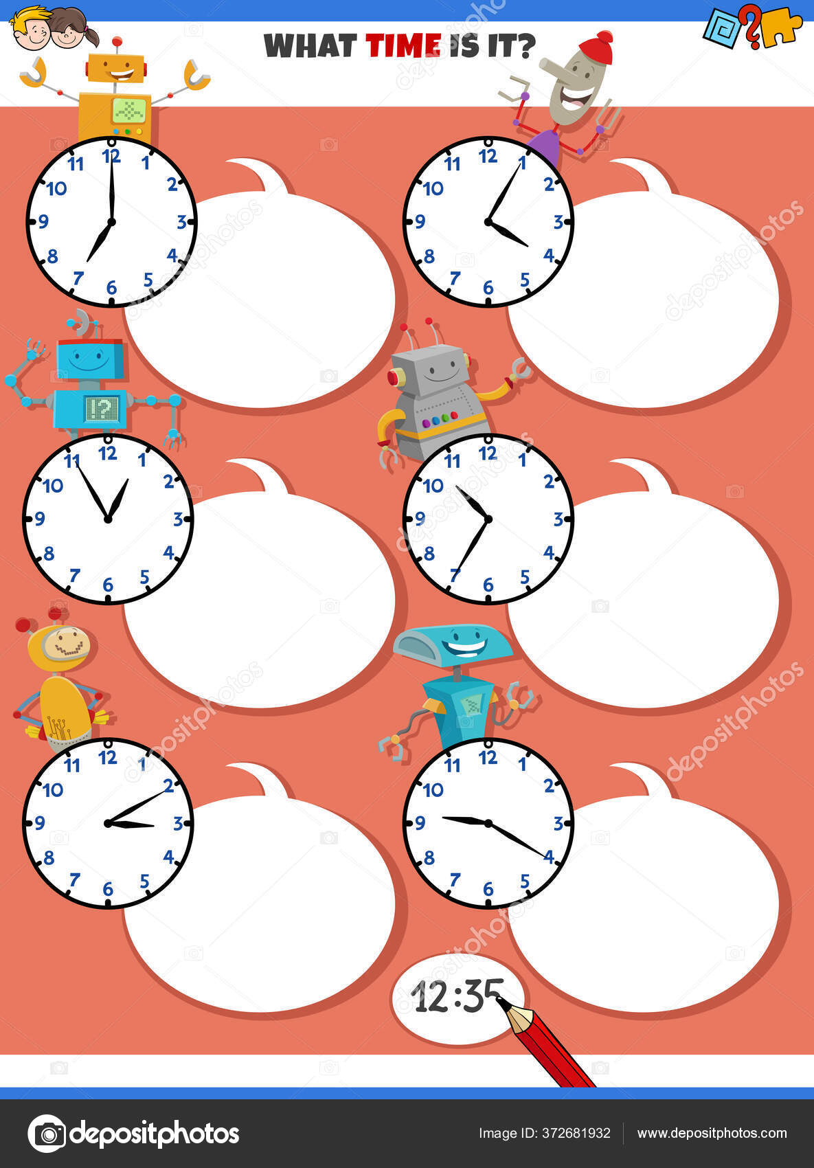 Cartoon Illustrations Telling Time Educational Activity Clock Face ...