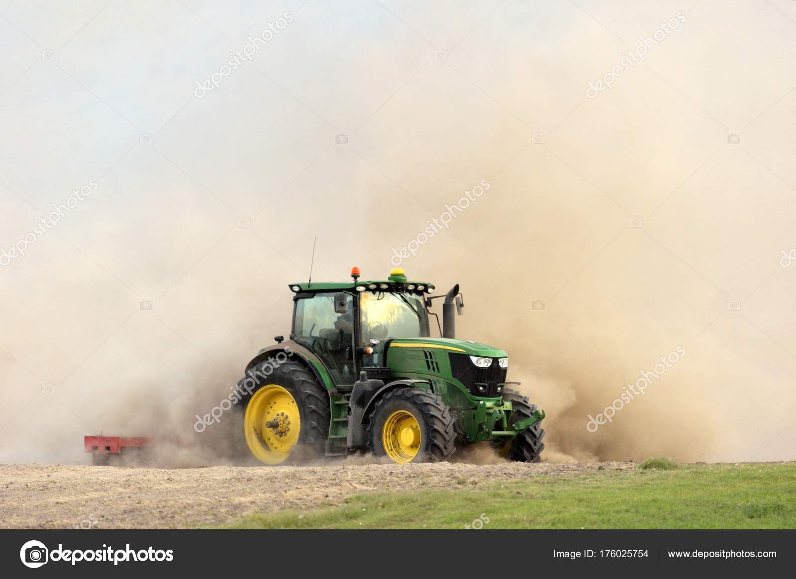 Tractor Harrows Field Huge Dust Cloud Farmer Tractor Preparing Land ...