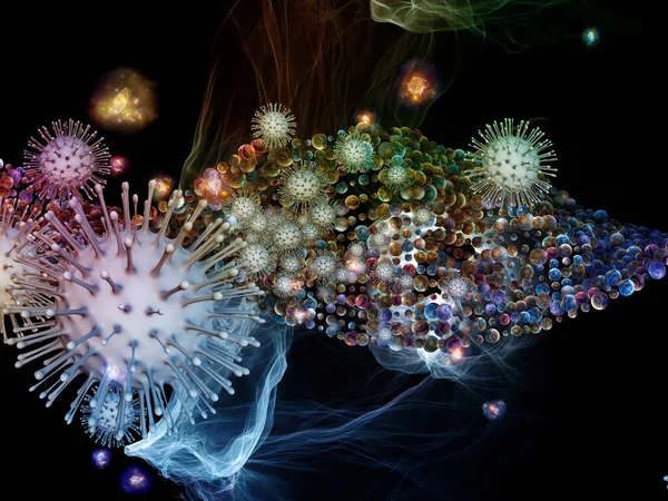 3D rendering of interplay of viral particles and abstract cellular ...