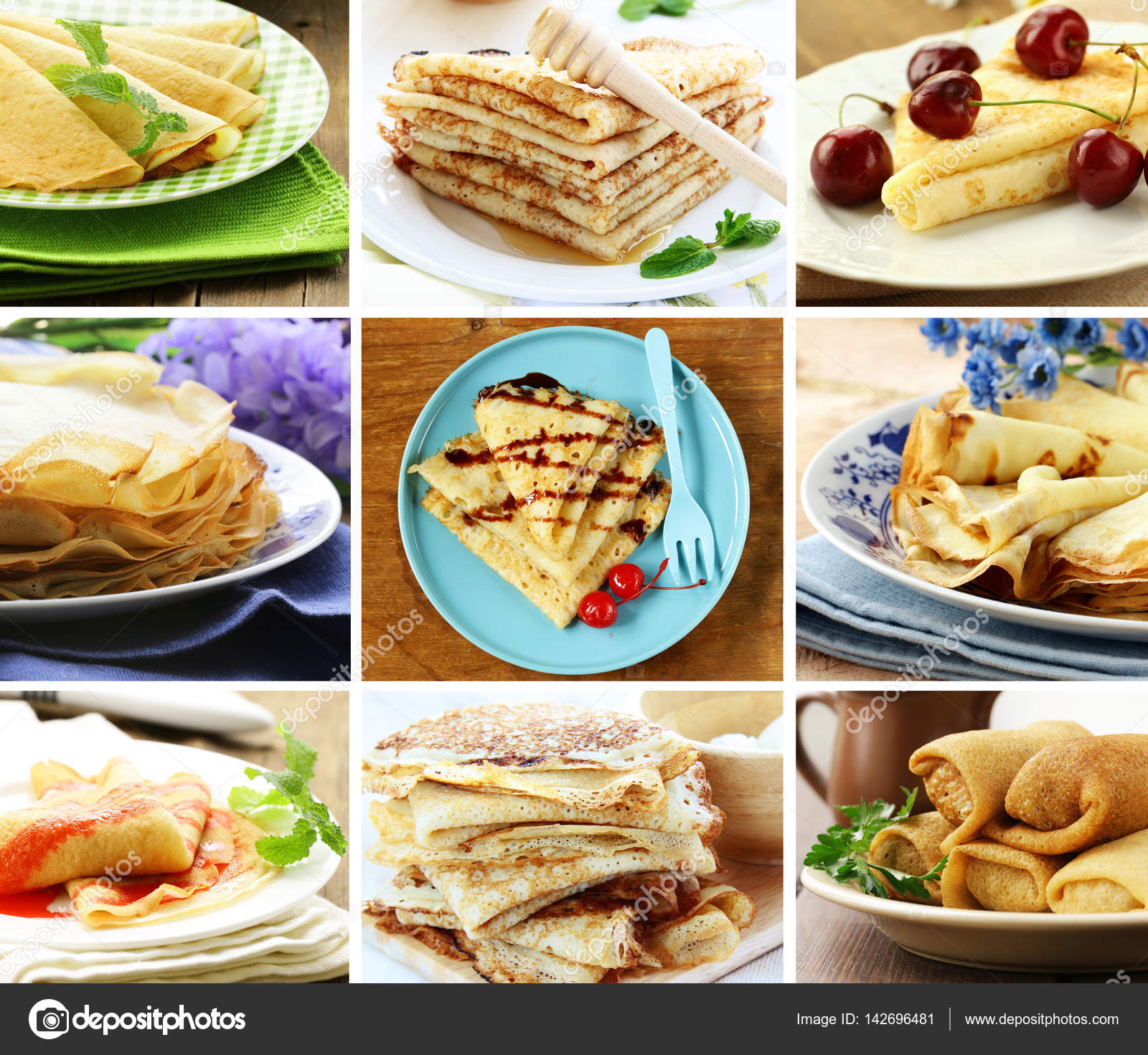 Collage set thin pancakes with different syrups and berries Stock Photo ...